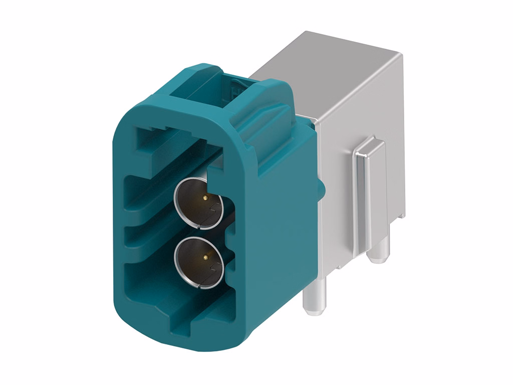 High-Speed FAKRA Mini (HFM) Dual-Stack Header, 2x1, Right-Angle, Through Hole, Key Z, Water Blue, 50 Ohms for sale