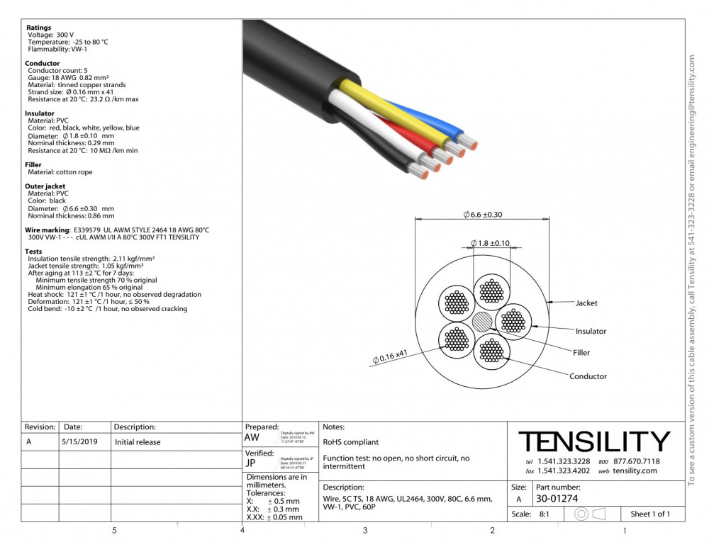 Technical drawing for Tensility International cable model 30-01274