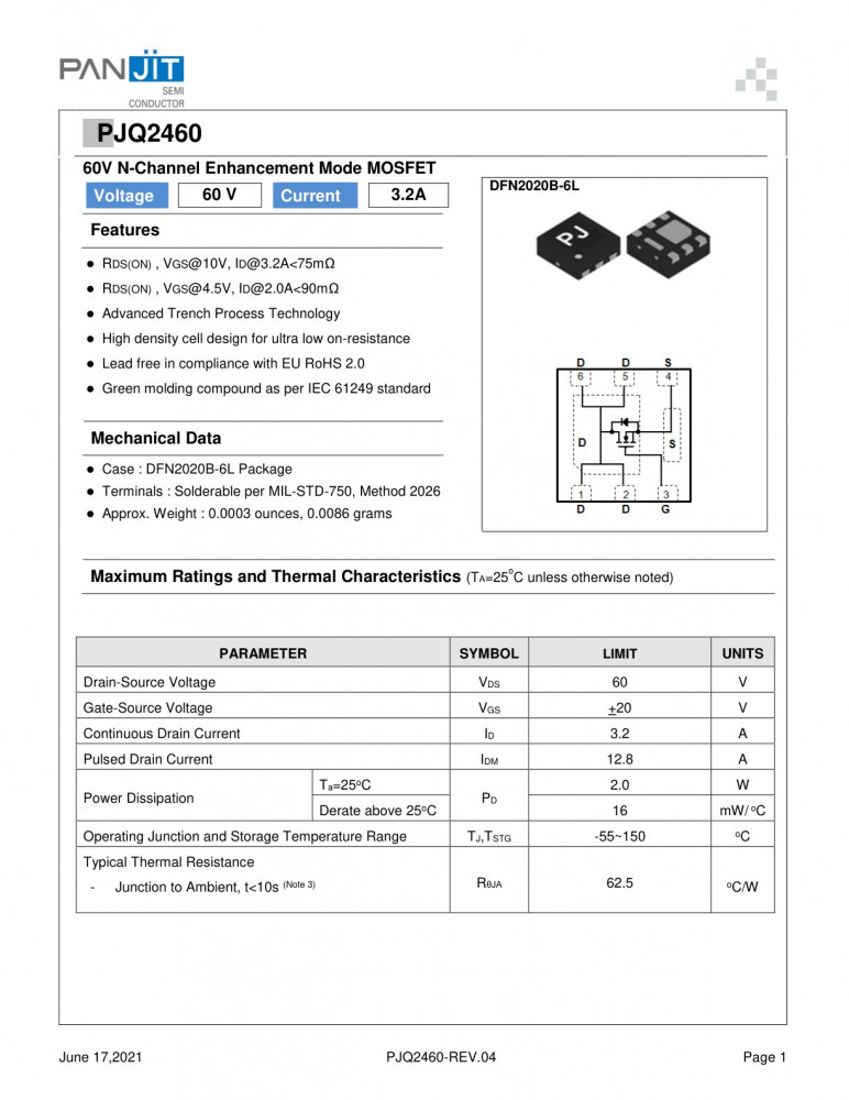 PJQ2460 datasheet page 1
