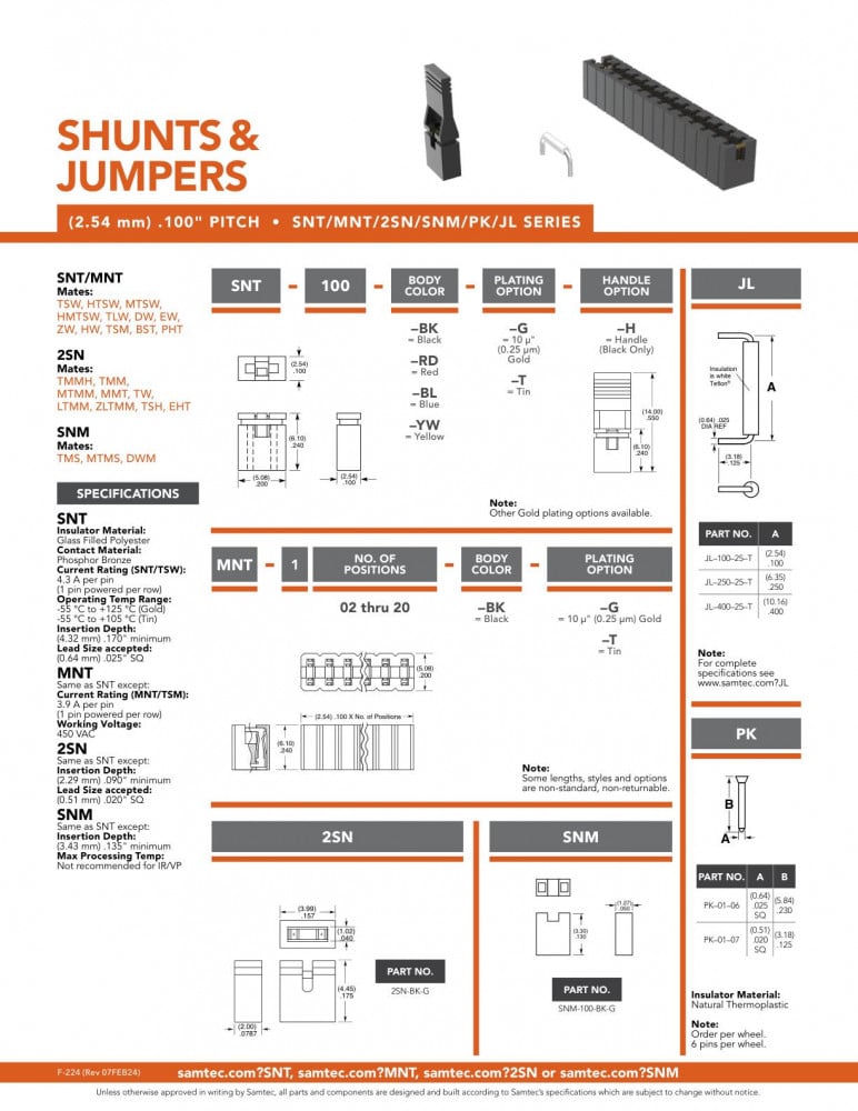 Samtec shunts and jumpers technical document page 1