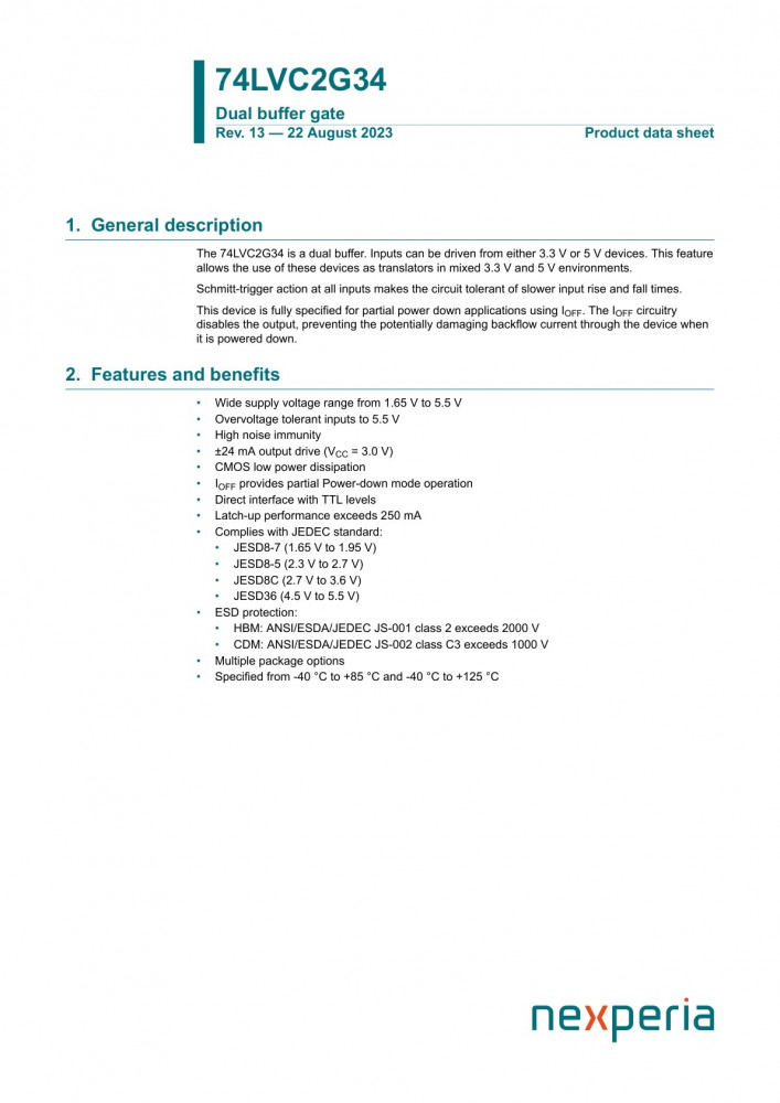 74LVC2G34GXZ datasheet page 1