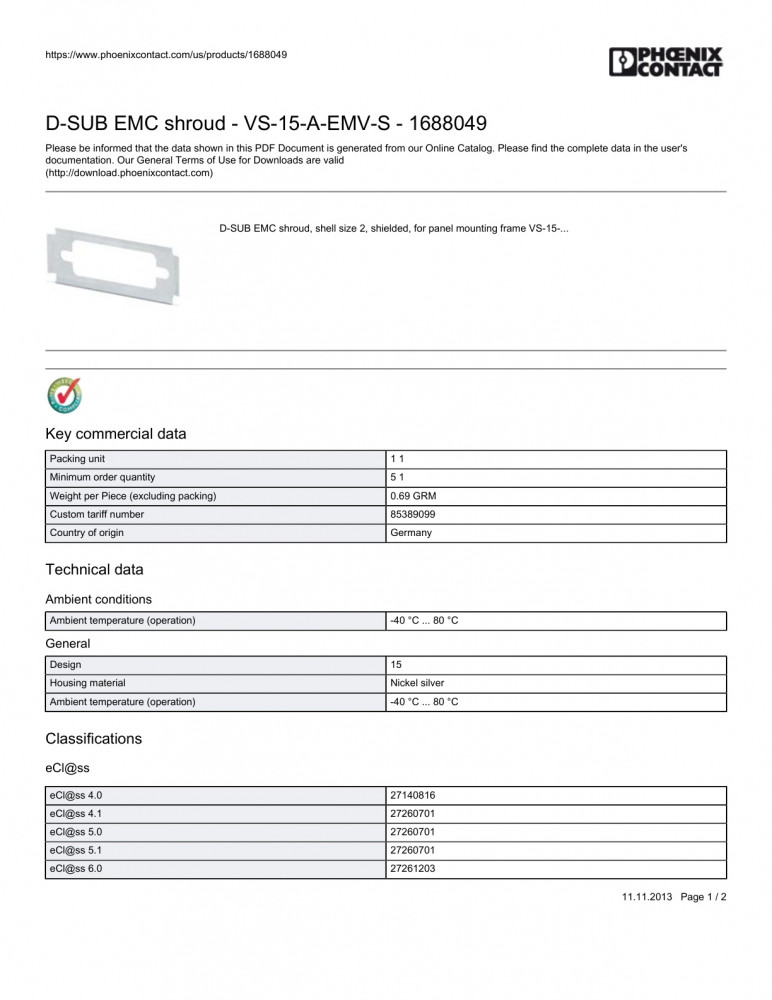 Phoenix Contact VS-15-A-EMV-S 1688049 product document image 1