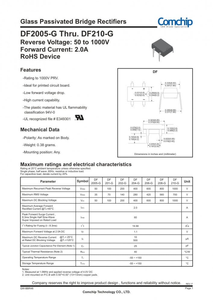 Comchip DF2005-G datasheet page 1