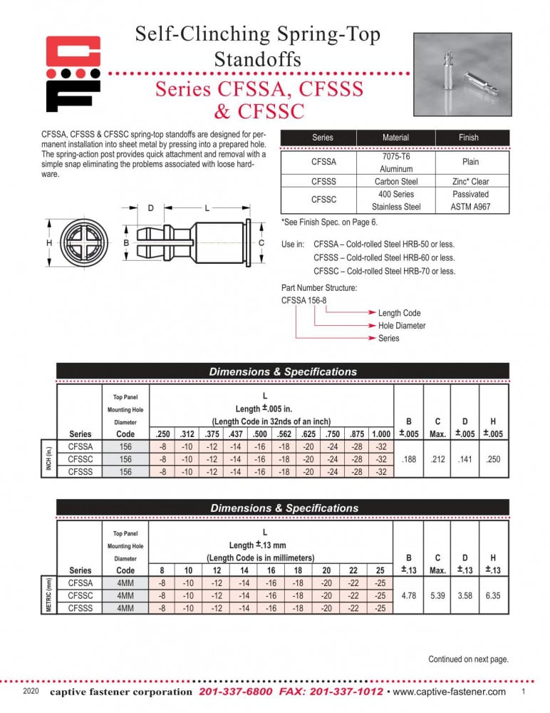 CFSSA, CFSSS and CFSSC spring-top standoff technical document, page 1