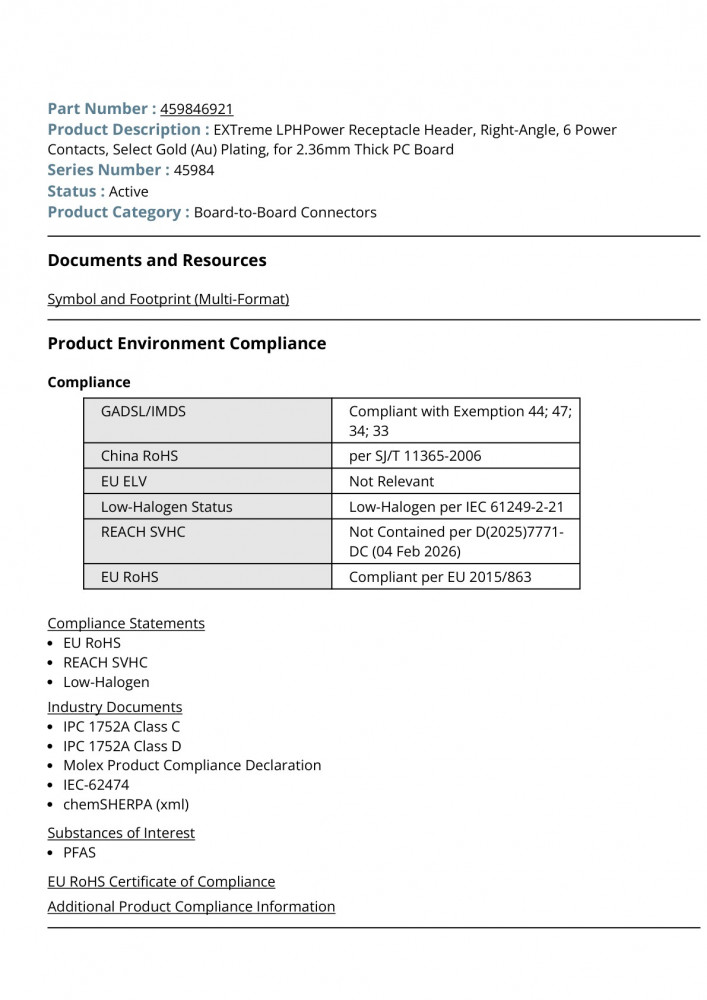 Technical document page 1 for MOLEX 459846921