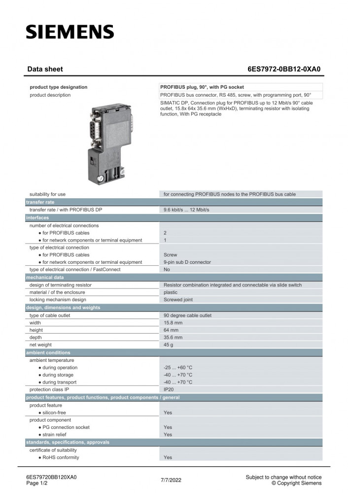 Product documentation page 1 for 6ES79720BB120XA0