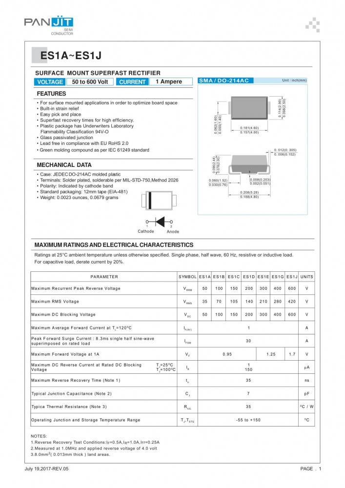 PANJIT ES1J datasheet page 1