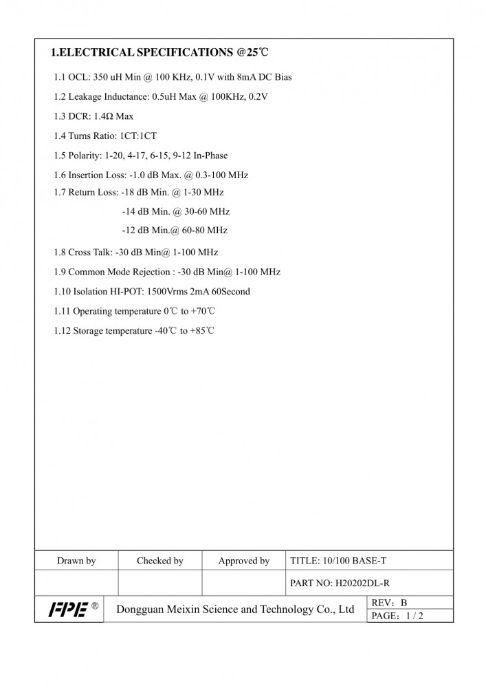 FPE H20202DL-R electrical specifications and schematic