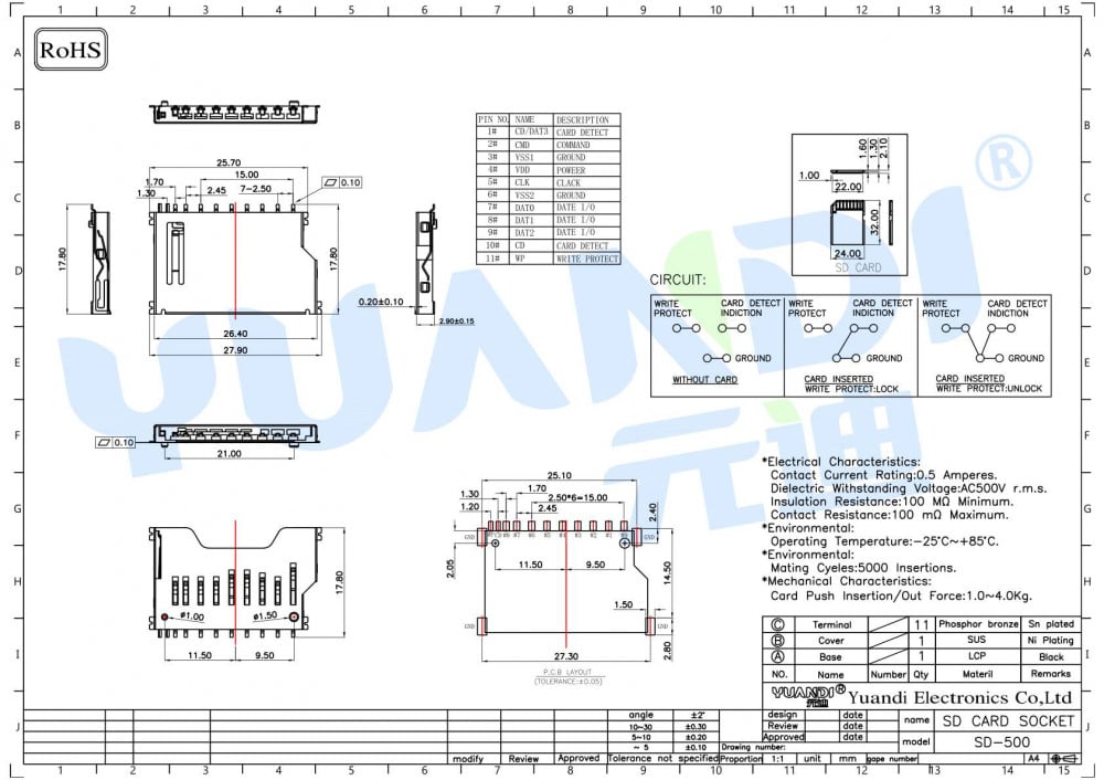 YUANDI SD-500 technical drawing and specification page