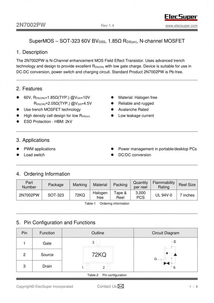 2N7002PW datasheet page 1