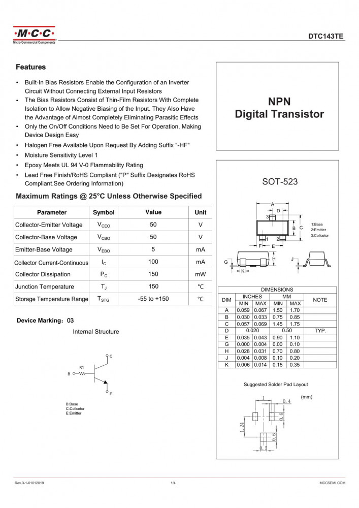 DTC143TE-TP datasheet page 1