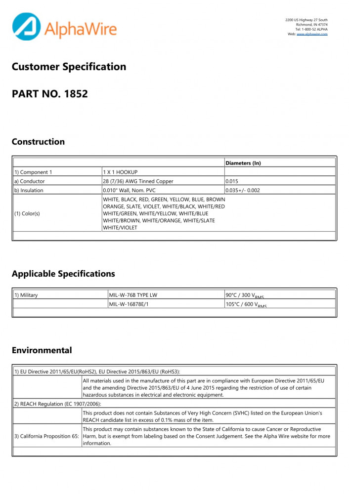Alpha Wire 1852 technical specification page 1