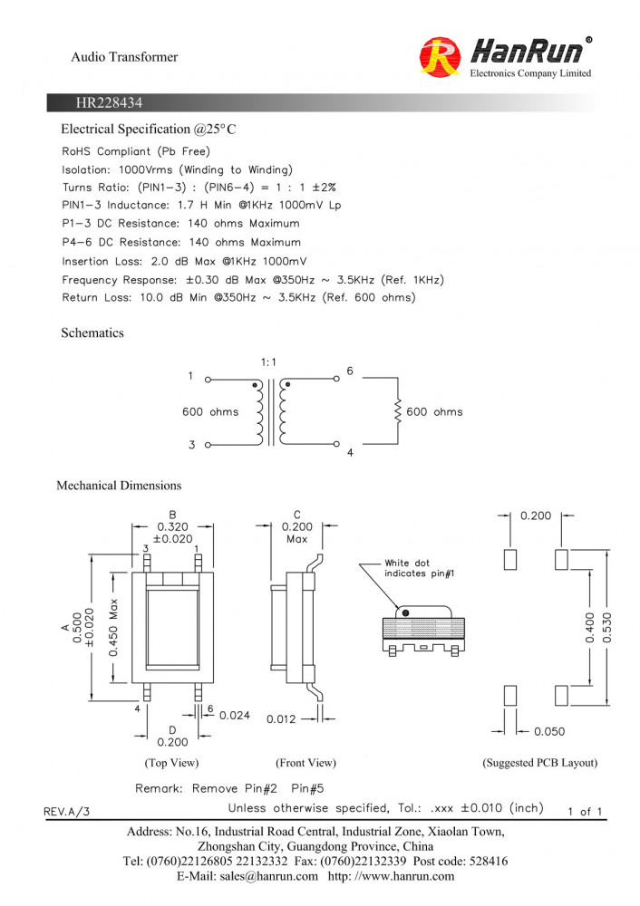 HR228434 electrical schematic and mechanical dimensions