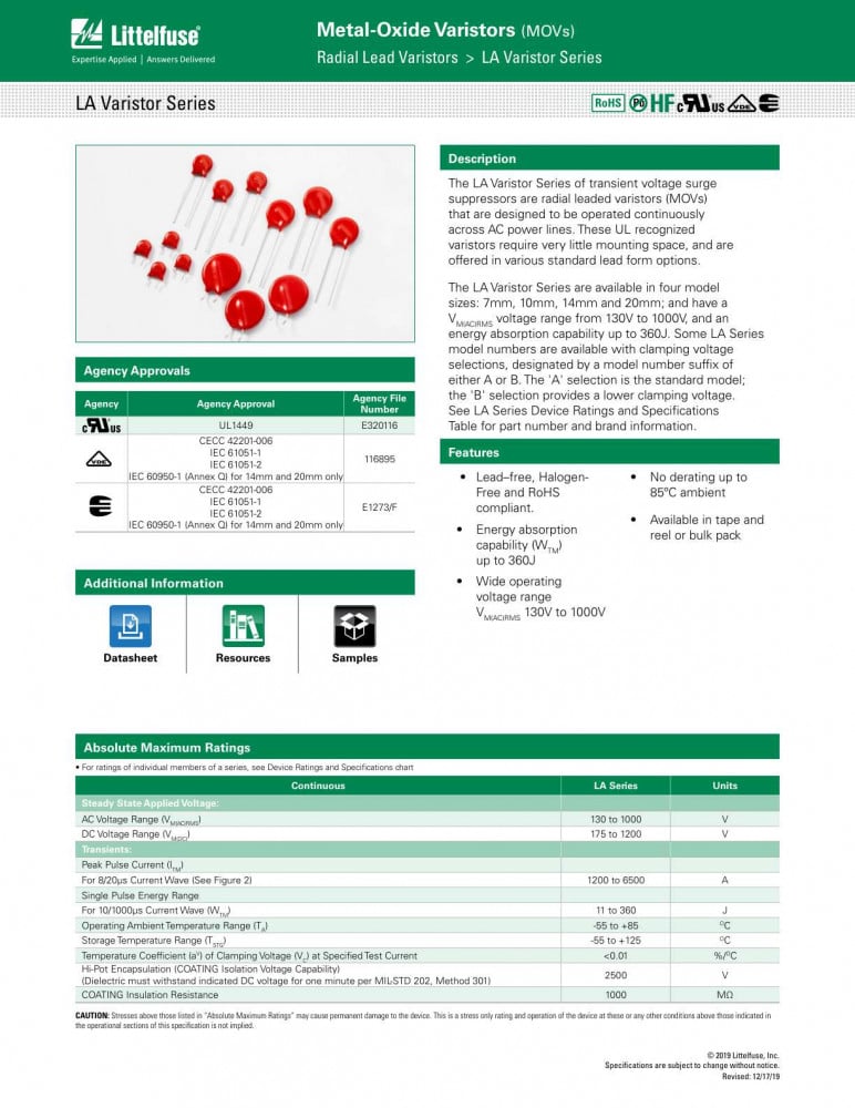 Littelfuse LA Series datasheet page 1