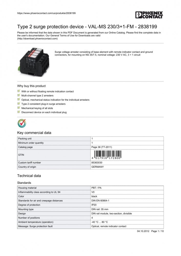 Phoenix Contact 2838199 technical document page 1