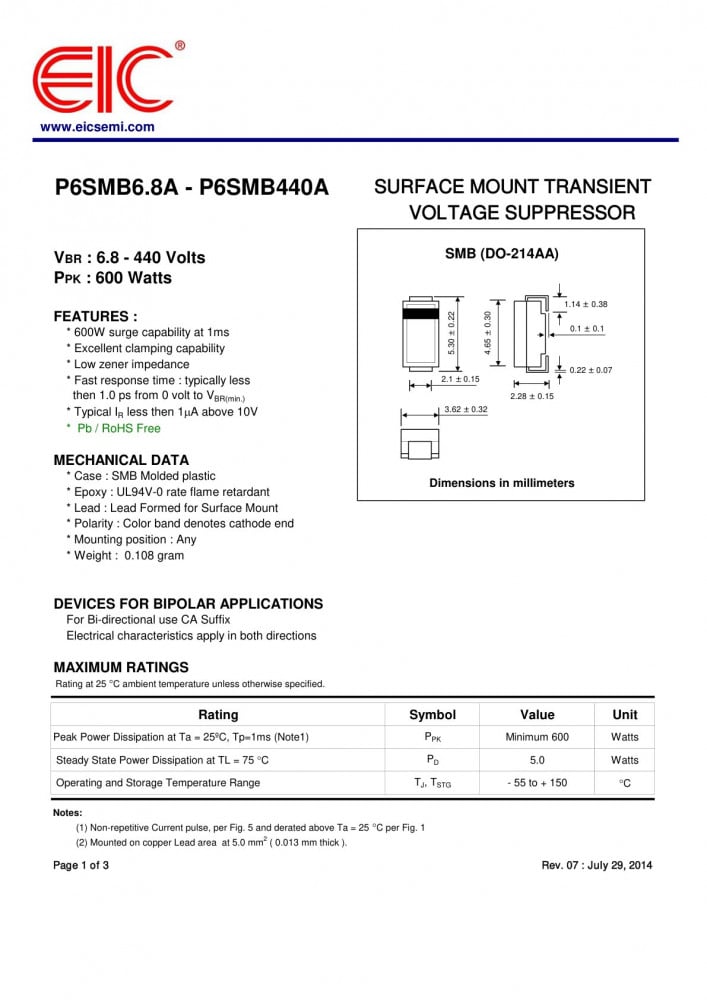 EIC P6SMB series datasheet page 1