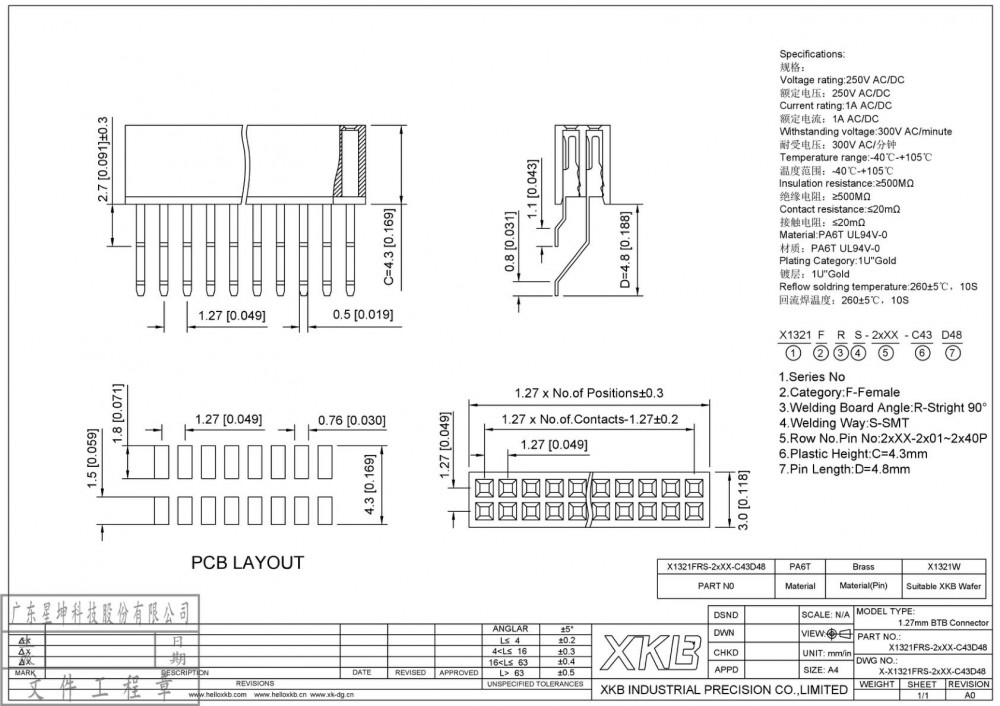 X1321FRS-2x25-C43D48 technical drawing and PCB layout