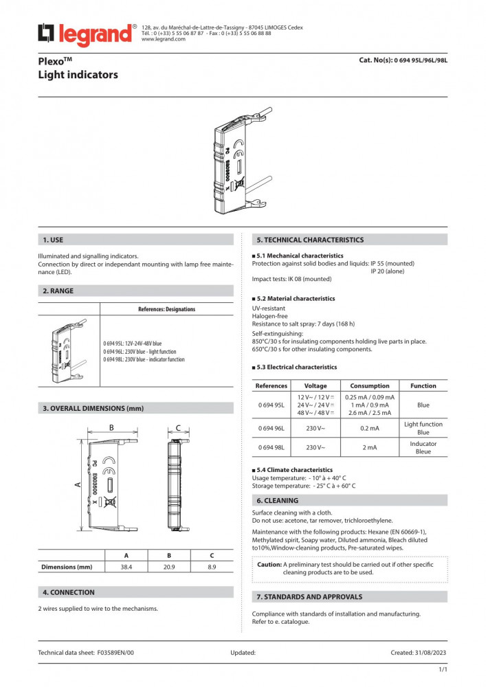 Legrand Plexo light indicators technical document page
