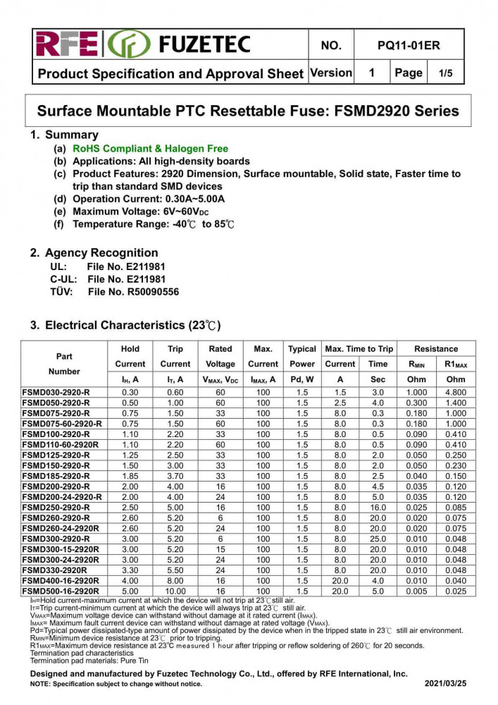 FUZETEC FSMD2920 specification sheet page 1