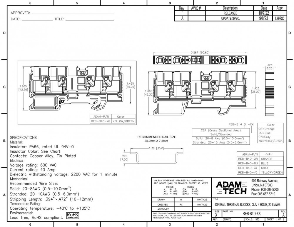 ADAM TECH REB-B4D-XX rail terminal block drawing preview