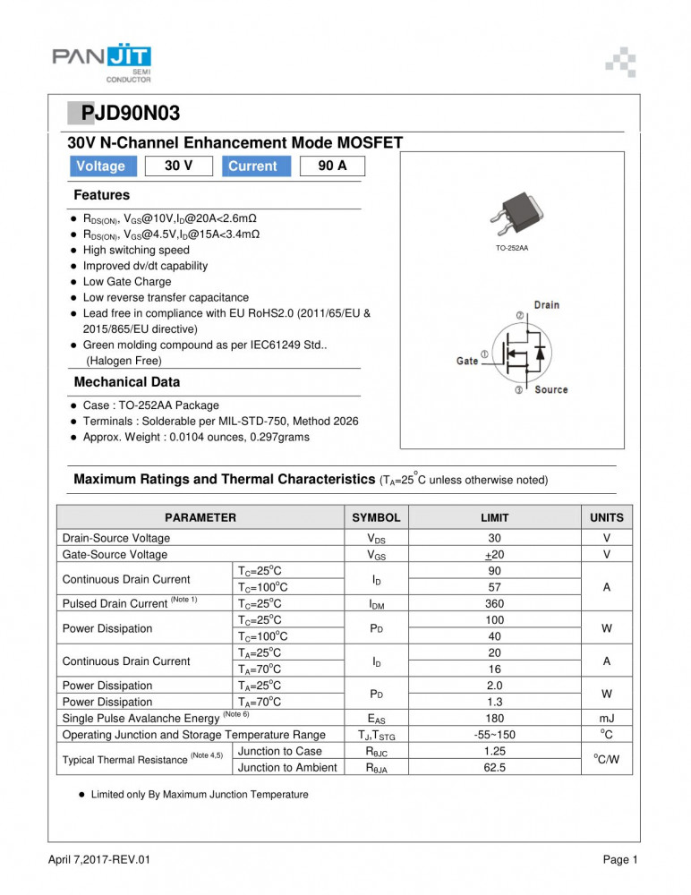 PJD90N03 datasheet page 1