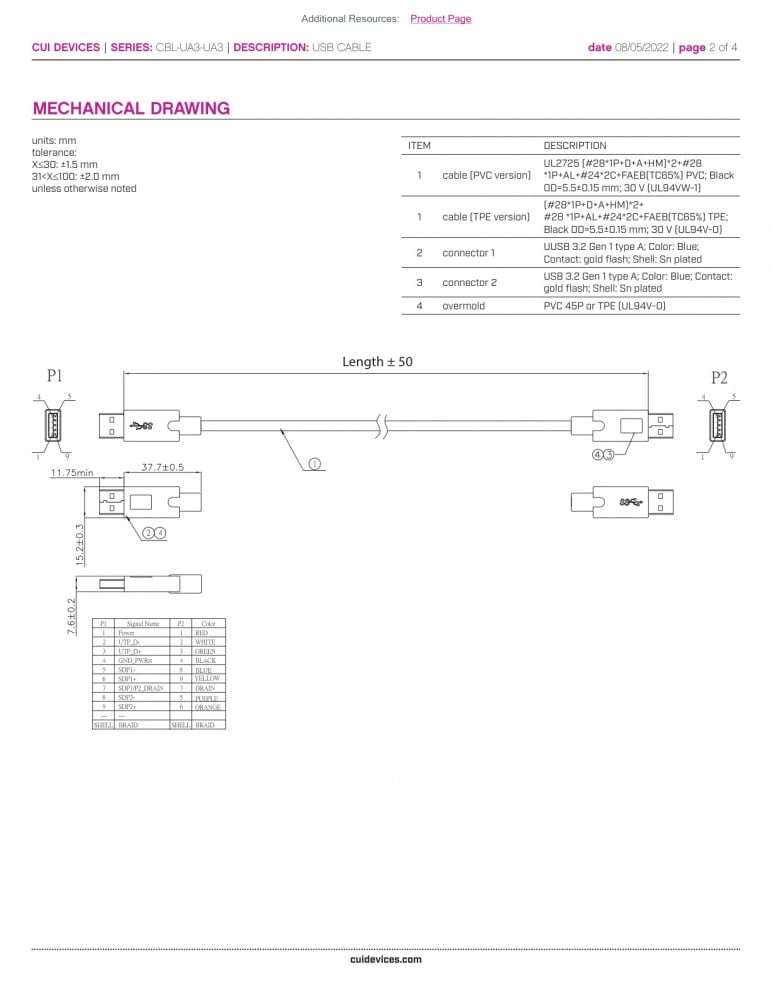 CBL-UA3-UA3-10WT product documentation page 2