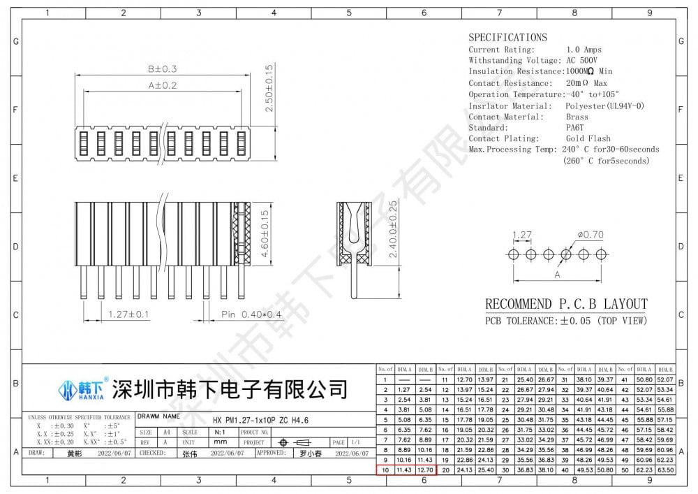 HX PM1.27-1x10P ZC H4.6 technical drawing