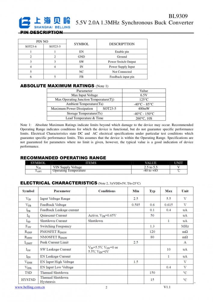BL9309 datasheet page 2