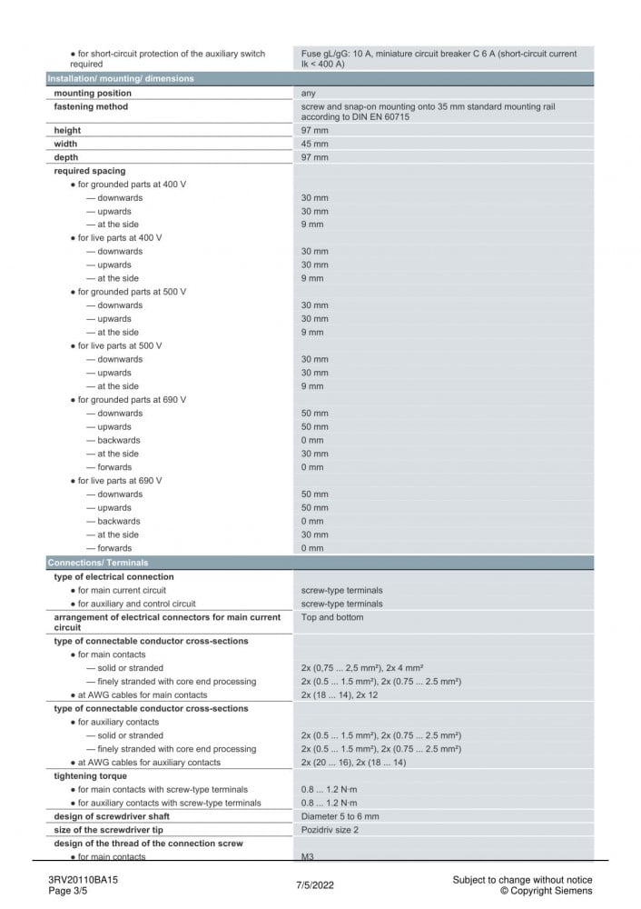 3RV20110BA15 datasheet page 3