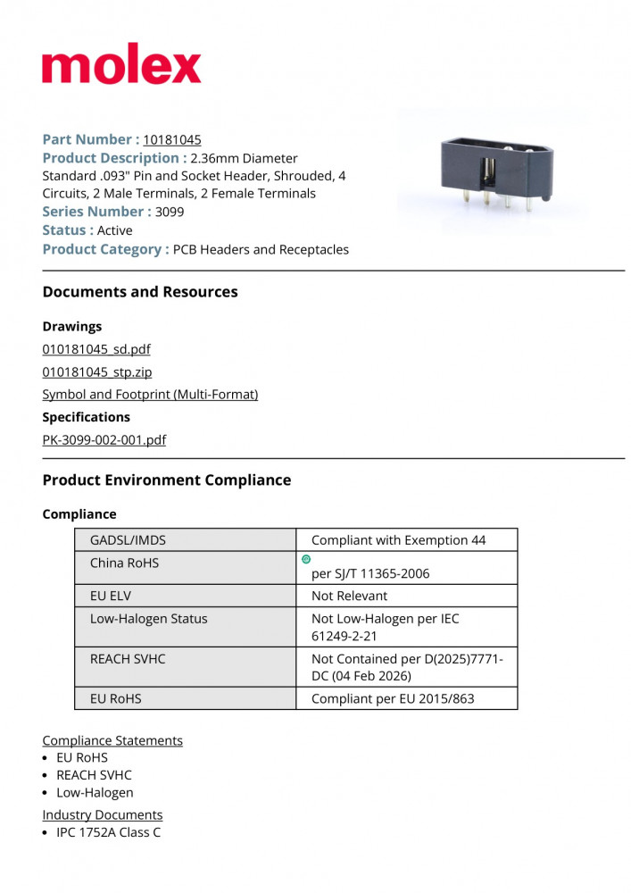 Molex 10181045 document page 1