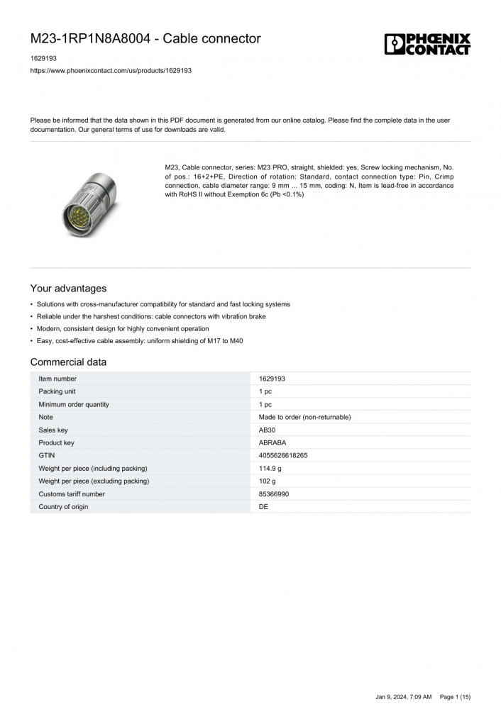 Phoenix Contact 1629193 technical document page 1