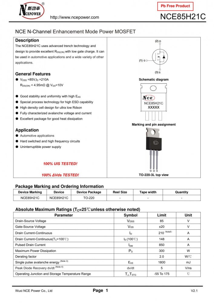 NCE85H21C datasheet page 1