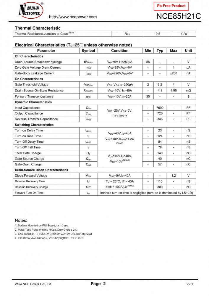 NCE85H21C datasheet page 2