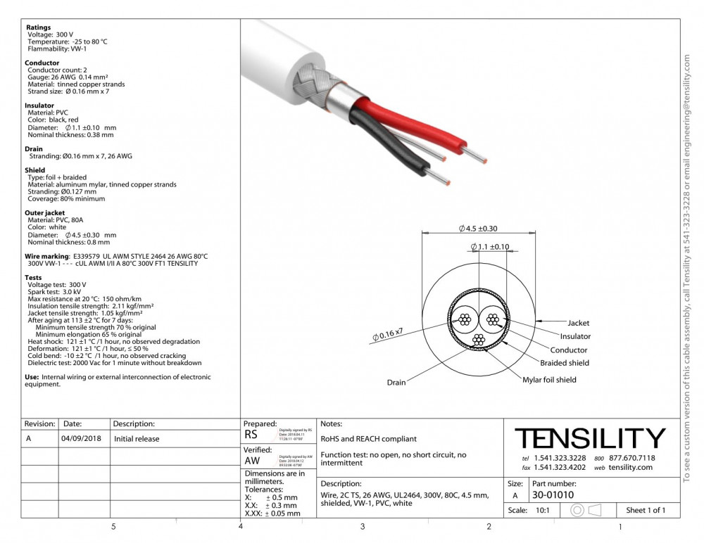 Tensility 30-01010 product drawing and cable specification