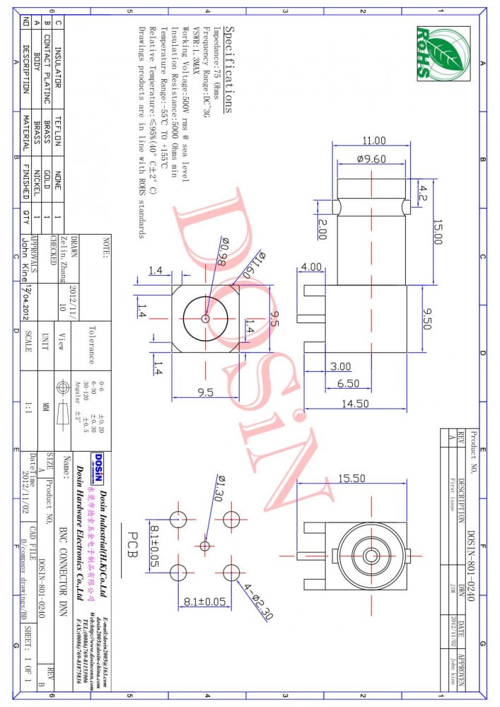 DOSIN-801-0240 manufacturer drawing page 1