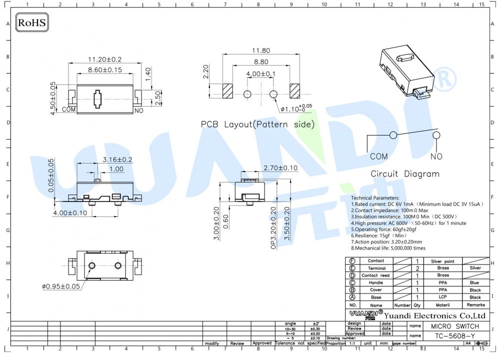 YUANDI TC-5608-Y product drawing and component table
