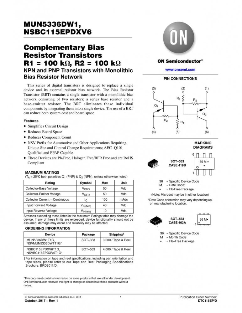 NSBC115EPDXV6T1G datasheet page 1