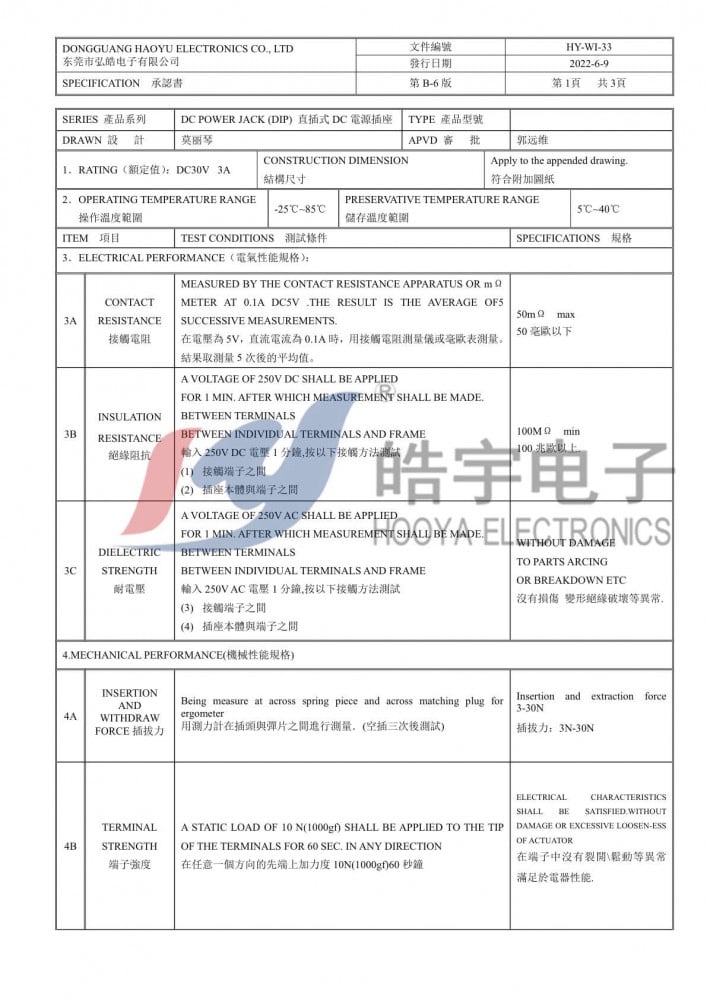 HOOYA DC-005EHS-2.5-PU electrical specification page