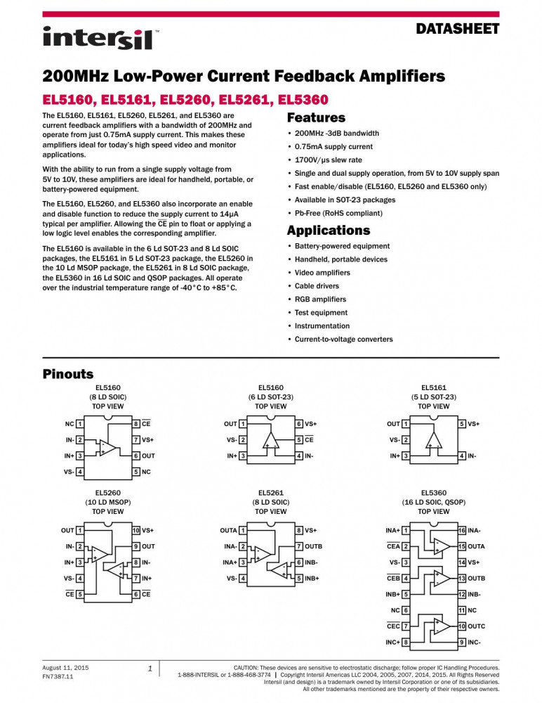 EL5261ISZ datasheet page 1