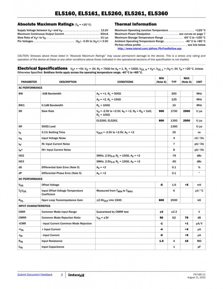 EL5261ISZ datasheet page 3