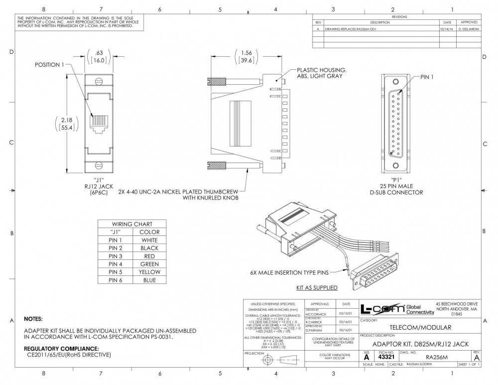 L-com RA256M engineering drawing and wiring chart