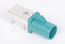 FAKRA Jack, Right-Angle, PCB Receptacle, Through Hole, Die Cast Body, Tin (Sn) Plated, Pin in Paste, Tape and Reel, Keying Code D, Bordeaux Violet, 50 Ohms for sale