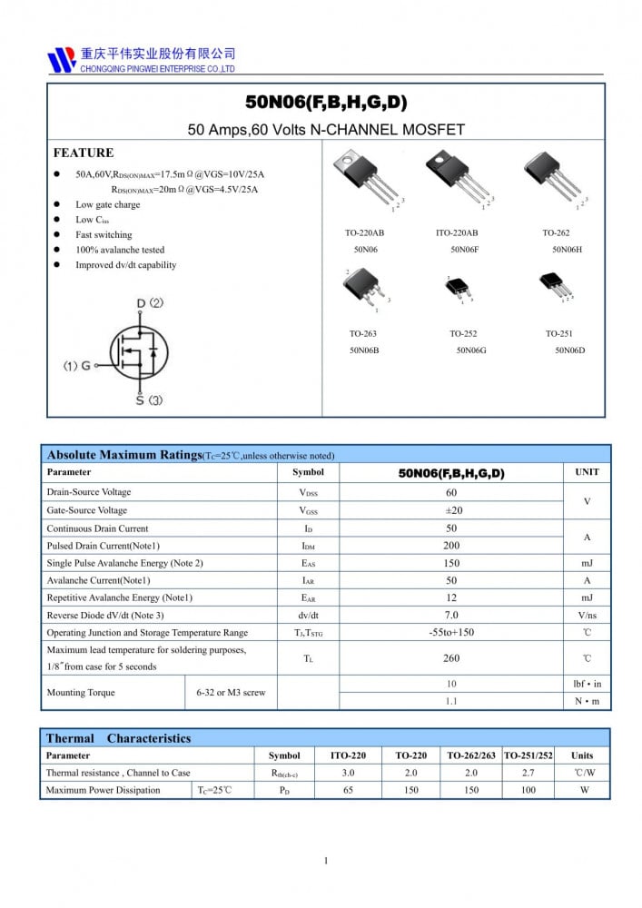 50N06G datasheet page 1