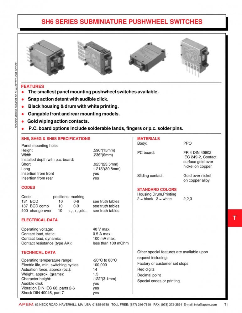 APEM SH6 series datasheet page 1