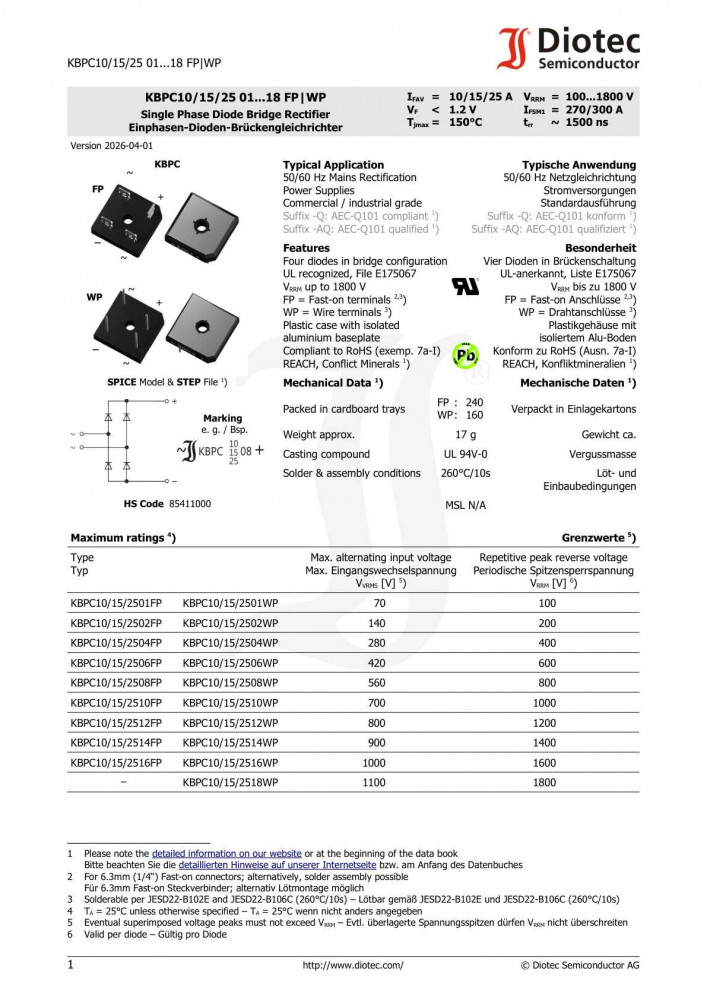 DIOTEC KBPC bridge rectifier datasheet page 1