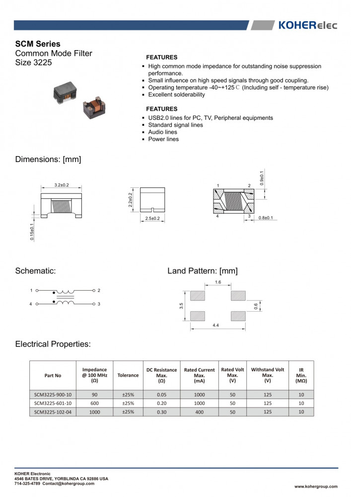 SCM3225 common mode filter mechanical dimensions and schematic