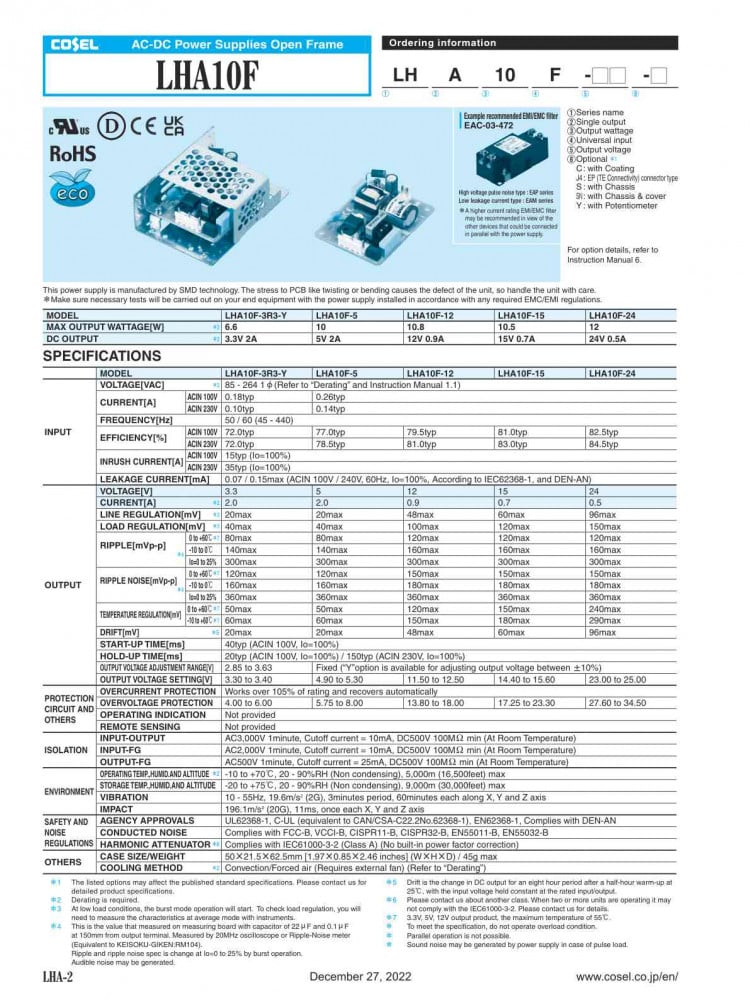 Cosel LHA datasheet page 2