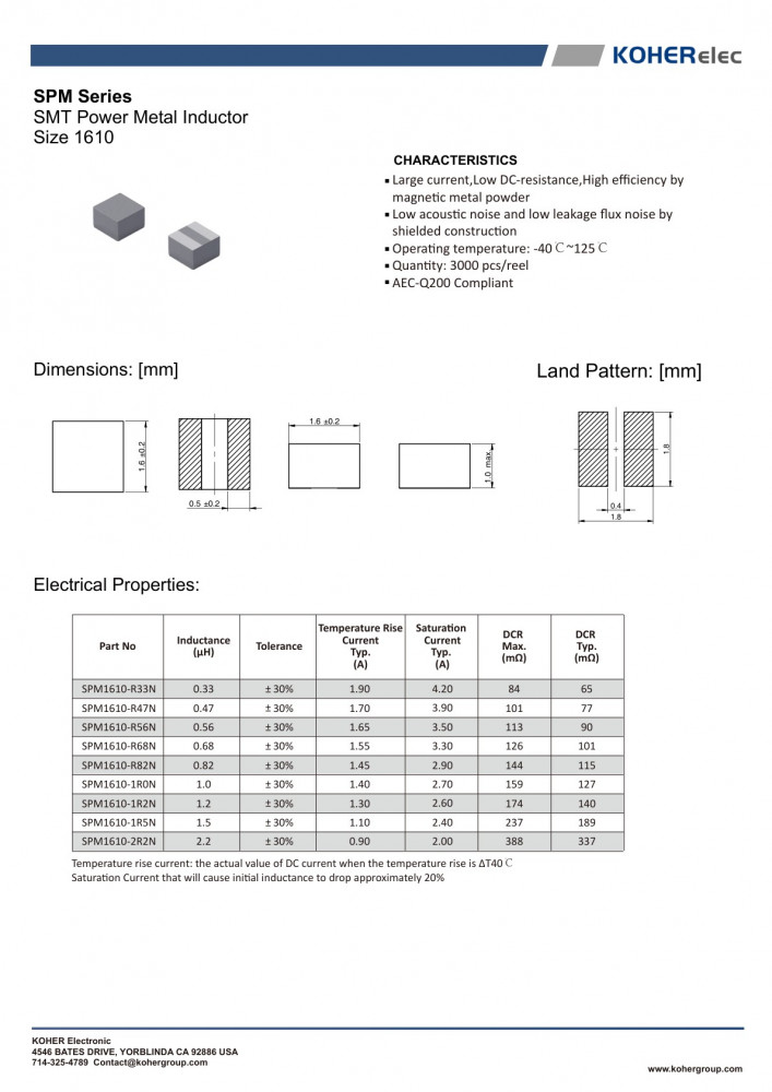 KOHERelec SPM1610-2R2N datasheet page 1
