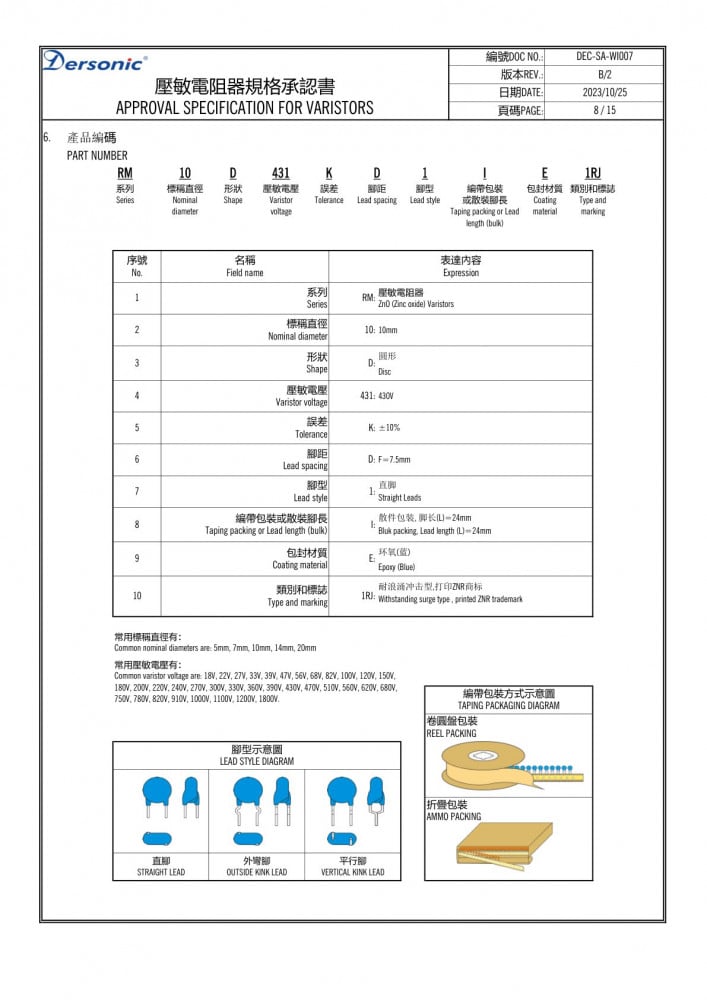 Dersonic varistor approval specification page 9