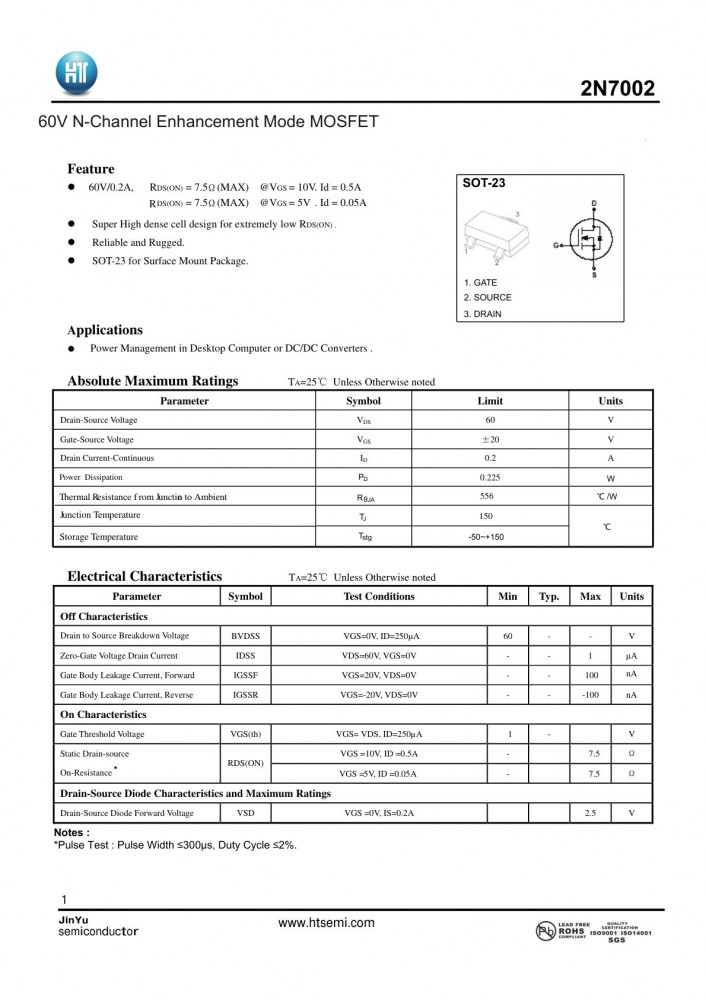 2N7002 technical document page 1